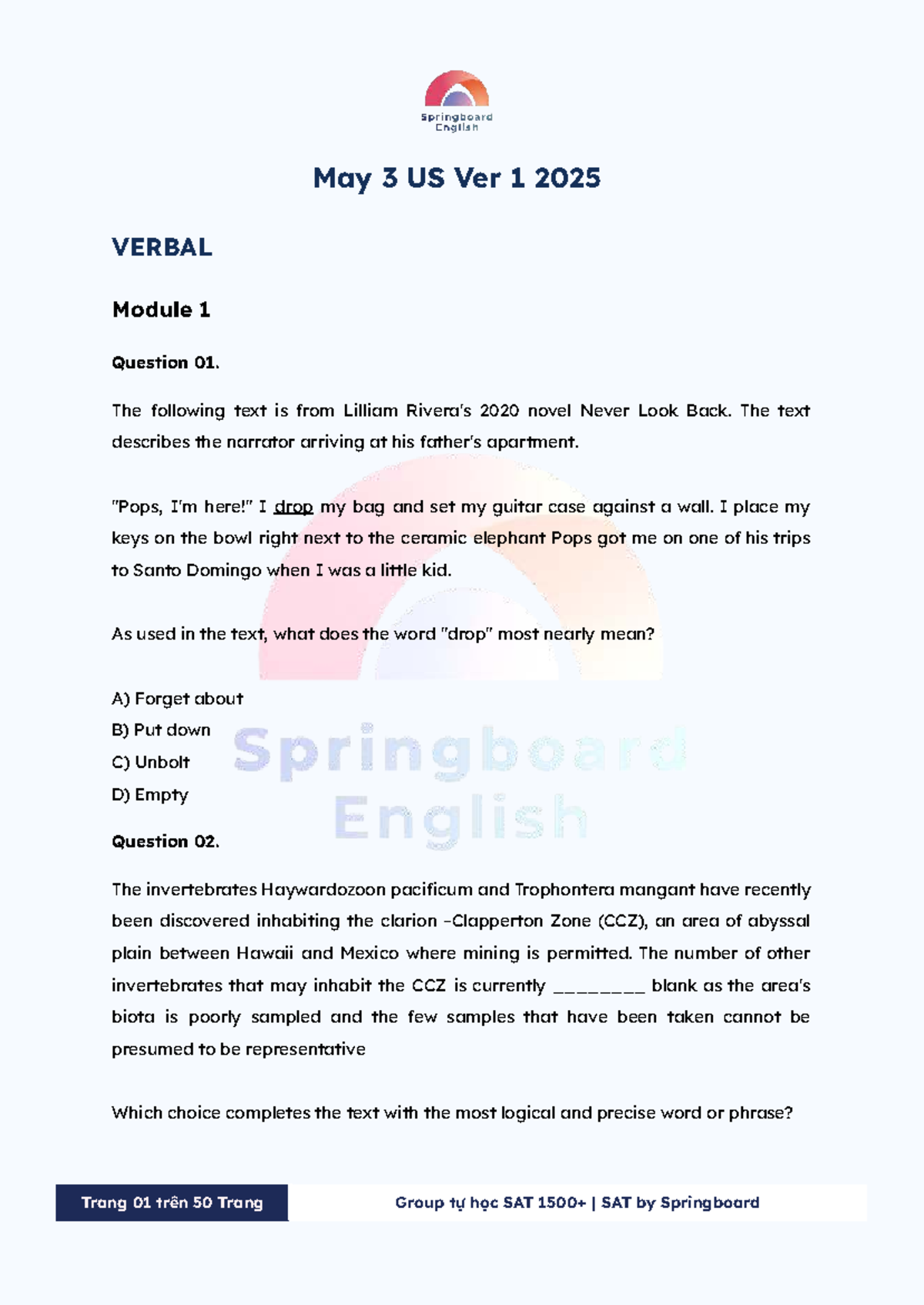 SAT May 3 US 2025 Verbal Module 1 Practice Questions - Studocu