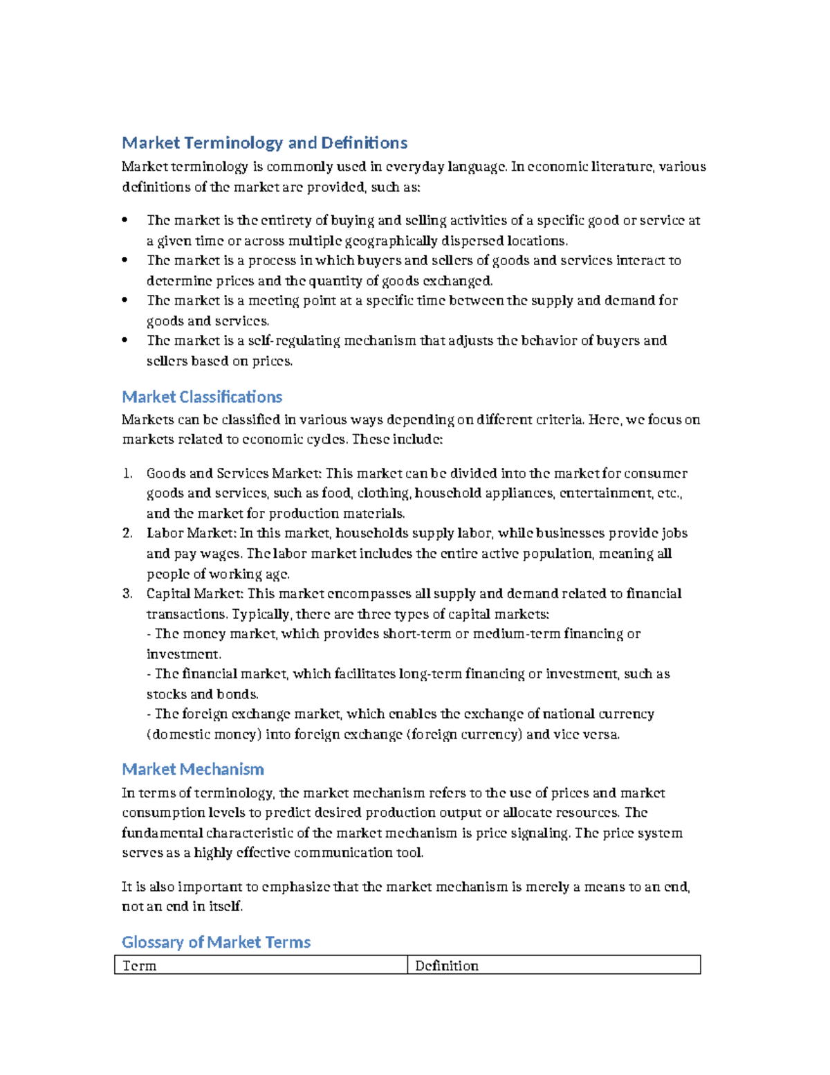 Market Terminology and Definitions Overview for Economic Studies - Studocu