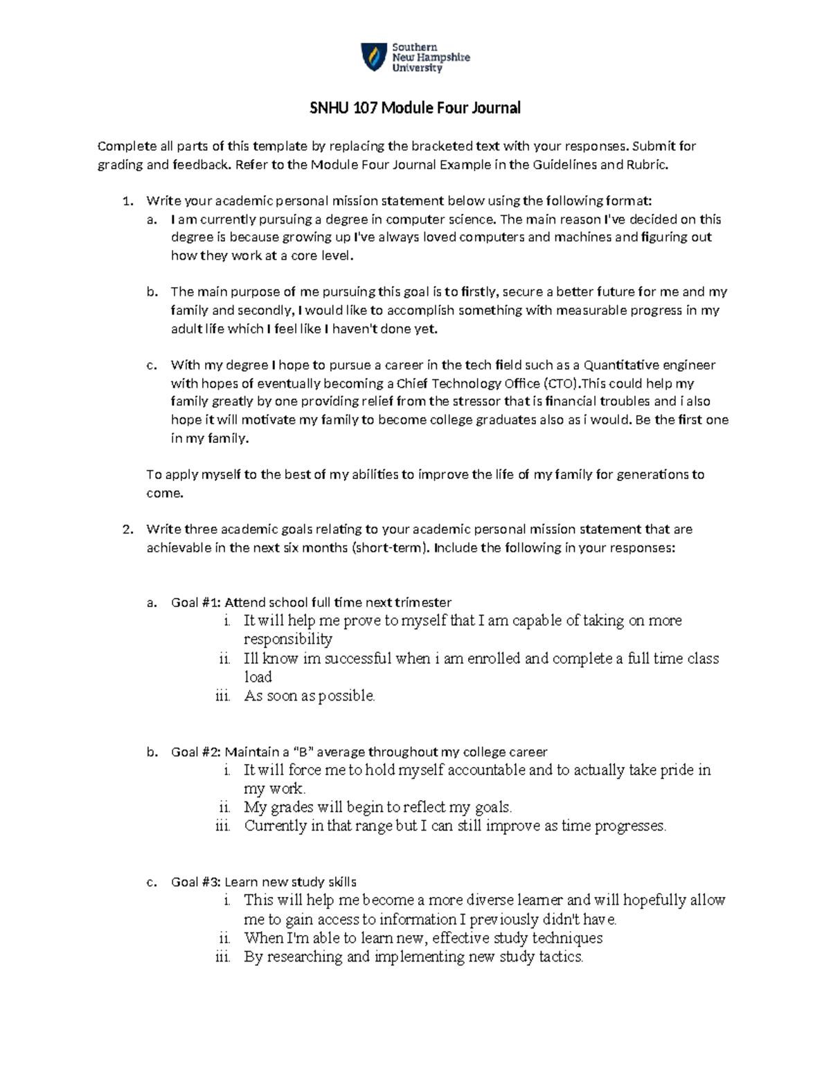 SNHU 107 Module Four Journal: Personal Mission & Academic Goals - Studocu