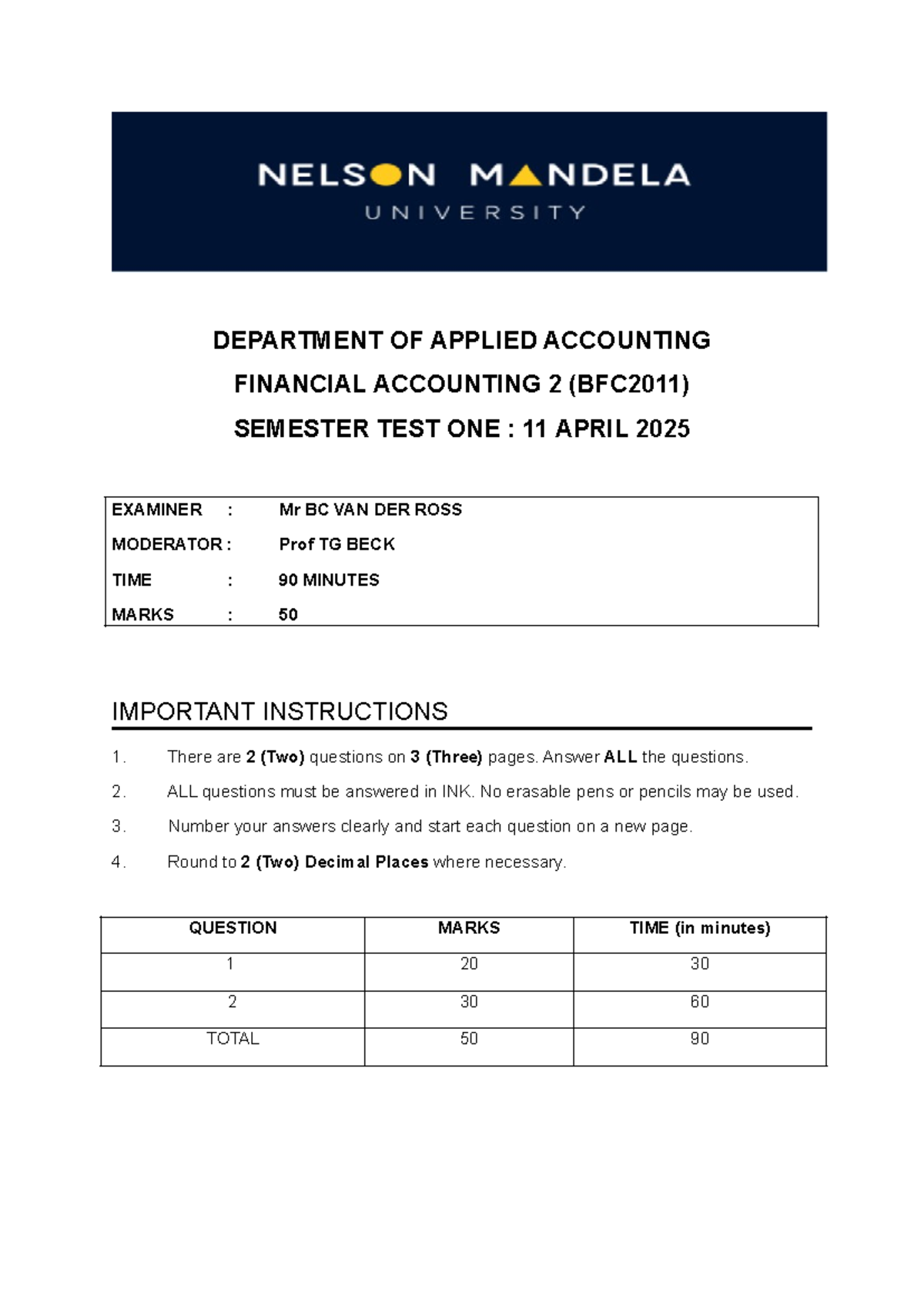 BFC2011 Financial Accounting 2 Semester Test 1 - 11 April 2025 - Studocu