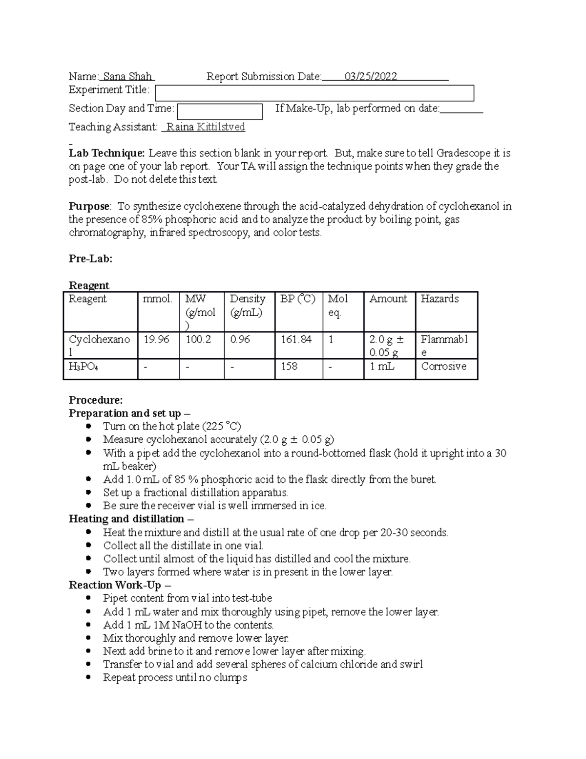 Chem269 Lab Report: Synthesis of Cyclohexene via Gas Chromatography ...