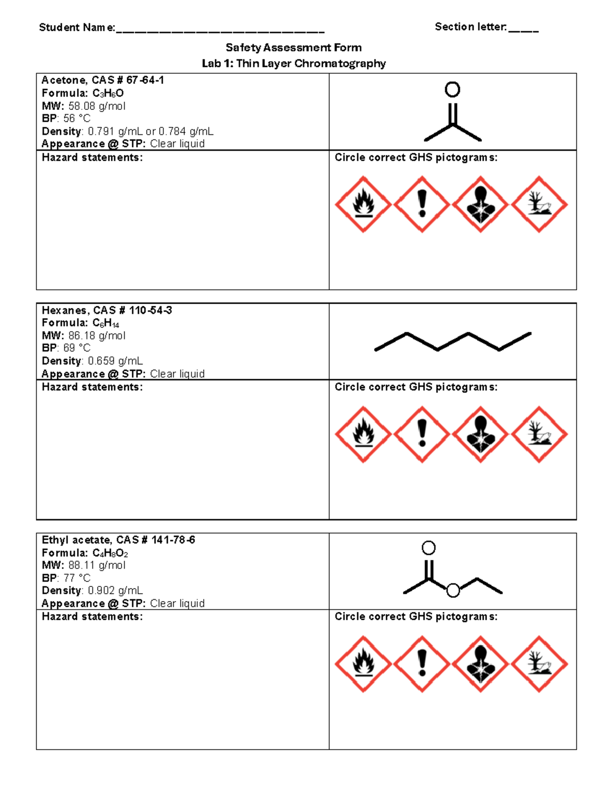 Safety Assessment Form TLC Lab - Safety Assessment Form Lab 1: Thin ...