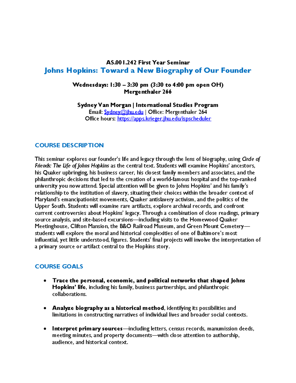 FYS AS.001.242 Syllabus: Exploring the Legacy of Johns Hopkins - Studocu