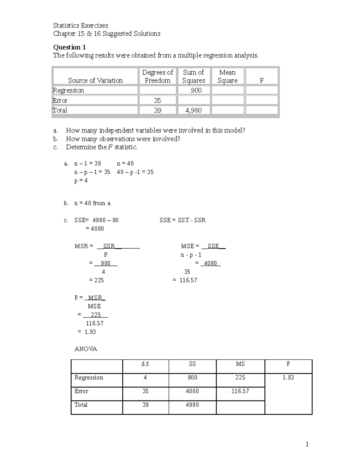 Chapter 15 & 16 Exercises - Regression Analysis Solutions - Studocu