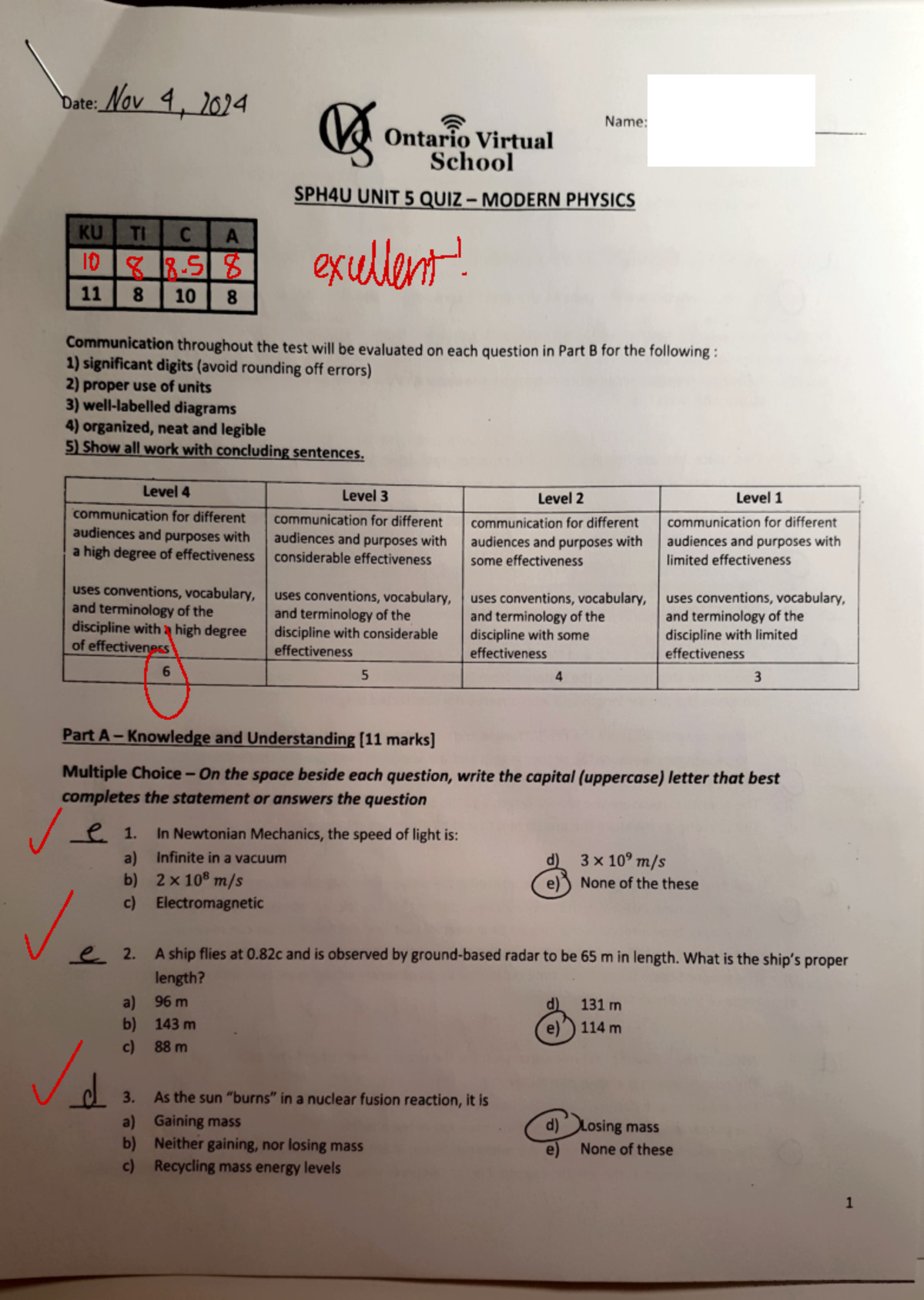 OVS SPH4U Unit 5 Test: Marked Answers for Modern Physics Concepts - Studocu