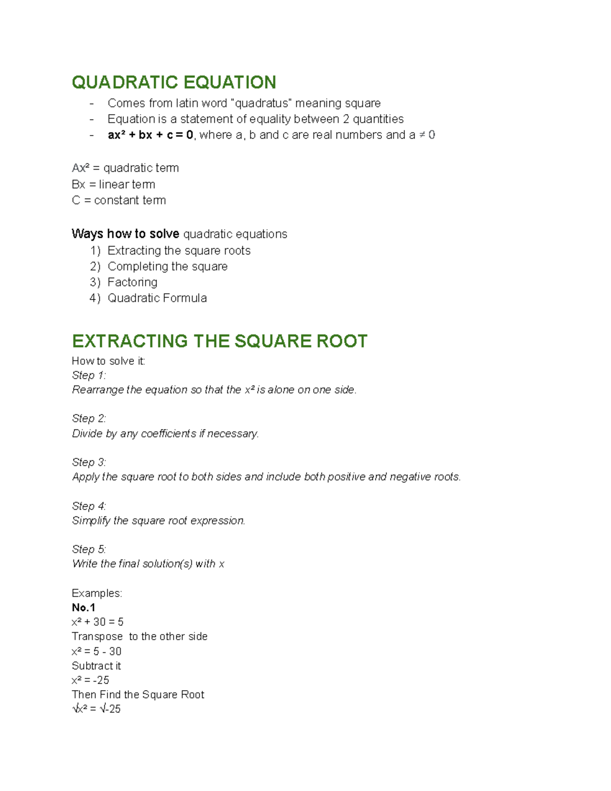 Math Review: Quadratic Equations - Math 1st Quarter Grade 9 - Studocu
