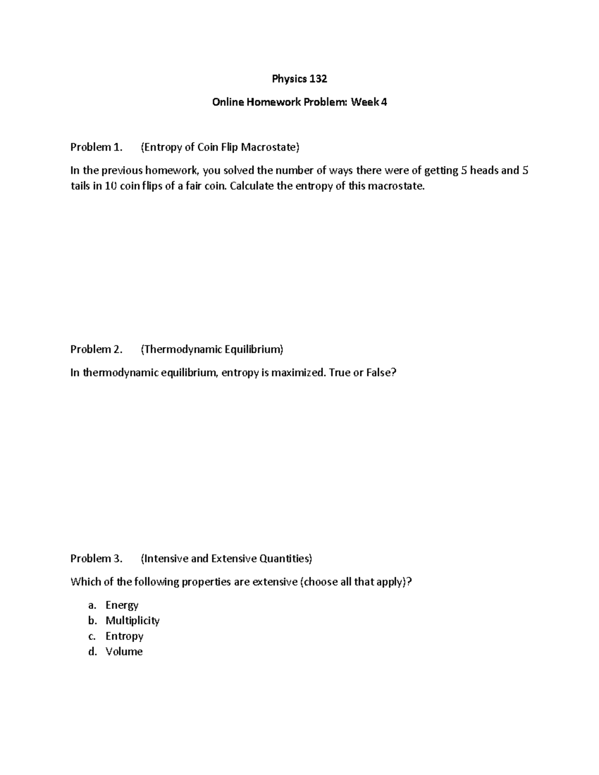 Physics 132 Week 4 Online Homework: Entropy Problems and Solutions ...