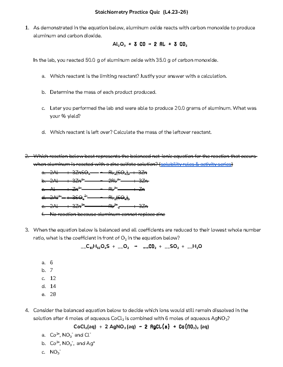 Stoichiometry Practice Quiz (L4.23-26) - Stoichiometry Practice Quiz ...
