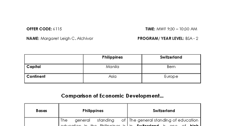 BSA 2: Comparative Analysis of Economic Development in PH & CH - Studocu