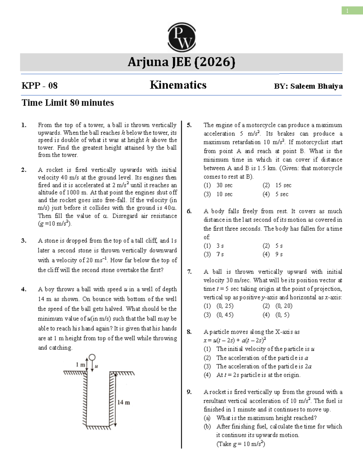 KPP 08 Kinematics: Arjuna JEE (2026) Exam Questions and Solutions - Studocu