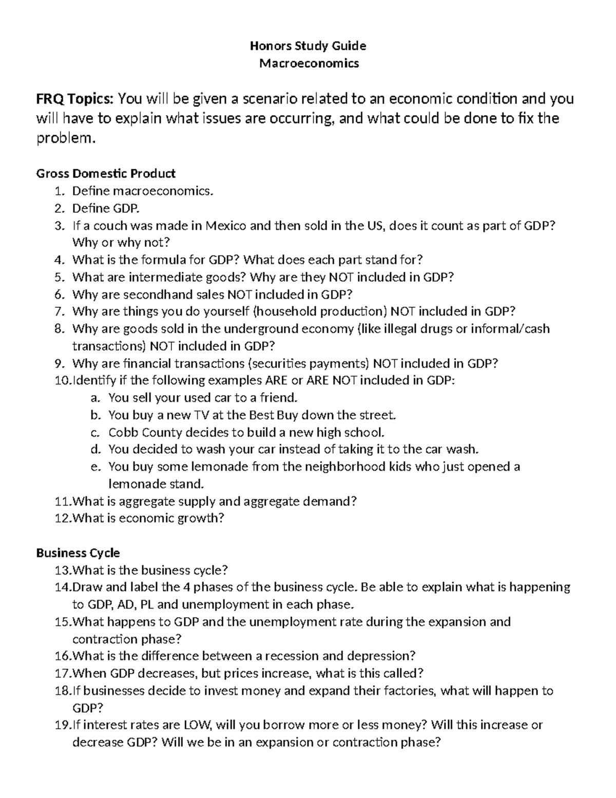 Honors Macroeconomics Study Guide: Key Concepts & FRQ Topics - Studocu