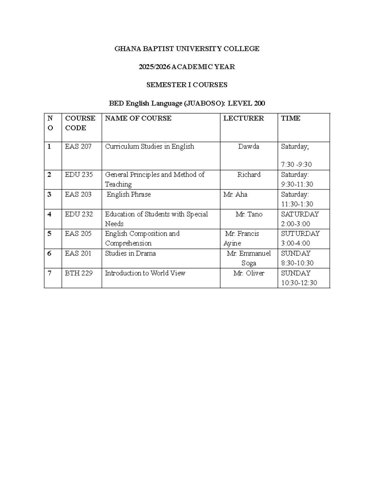 L200 Timetable 031925 - TIME TABLE - GHANA BAPTIST UNIVERSITY COLLEGE ...
