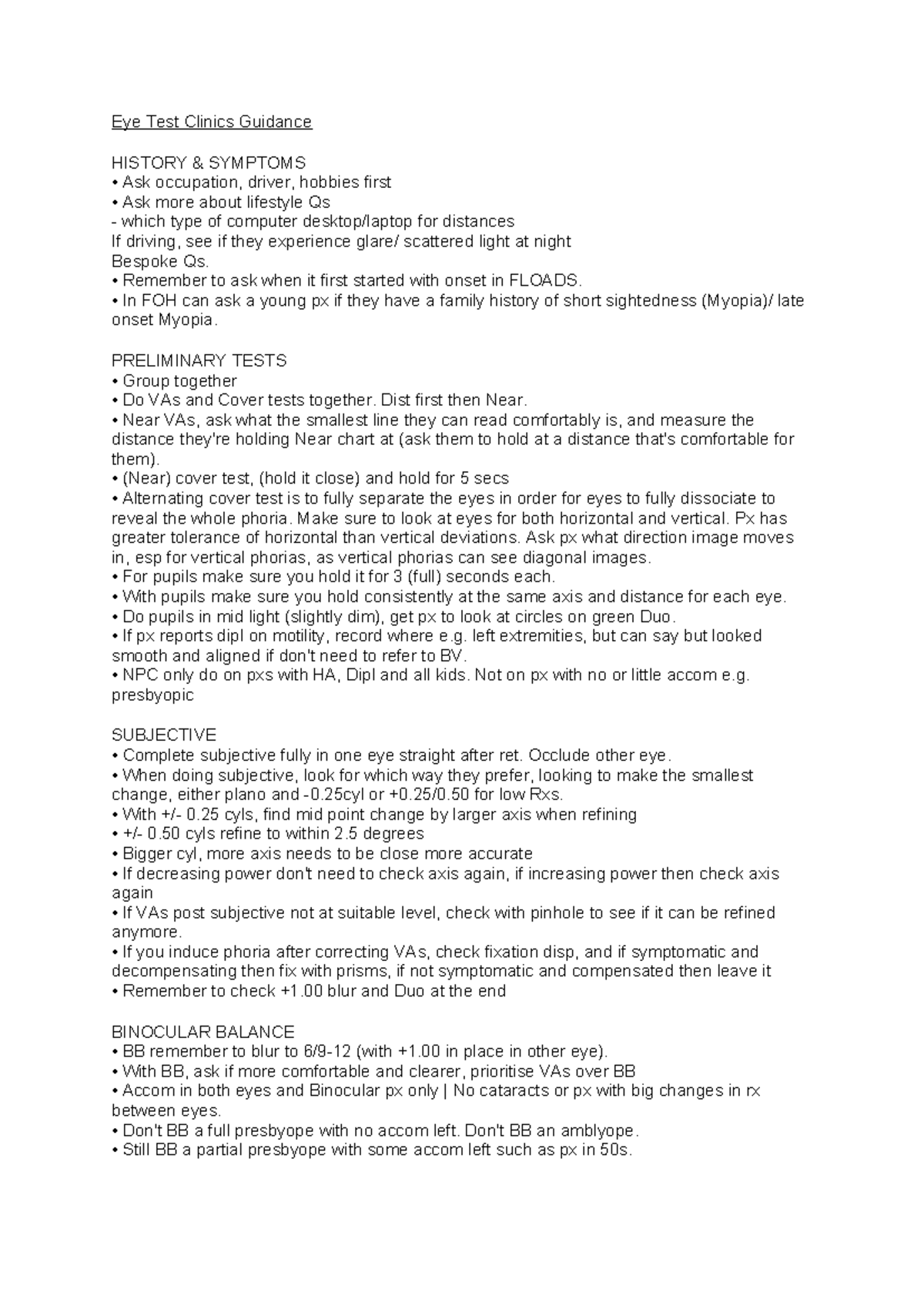 Eye Test Clinic Guidance Year 3 Final Year Optometry Eye Test Clinics Guidance History