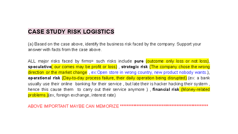 CASE STUDY RISK LOGISTICS: Identifying and Managing Business Risks - Studocu