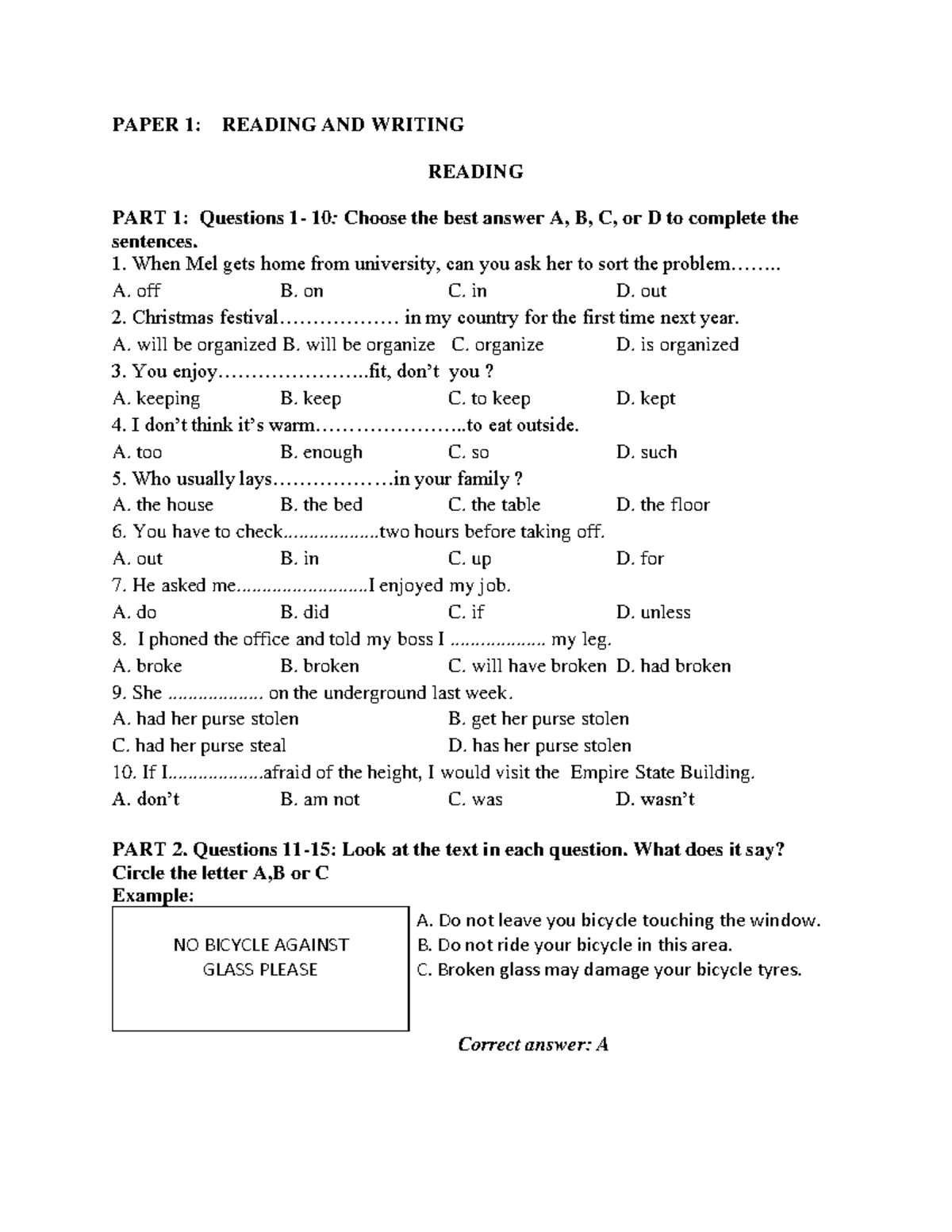 Test 10 - Reading and Writing Practice Questions - Studocu