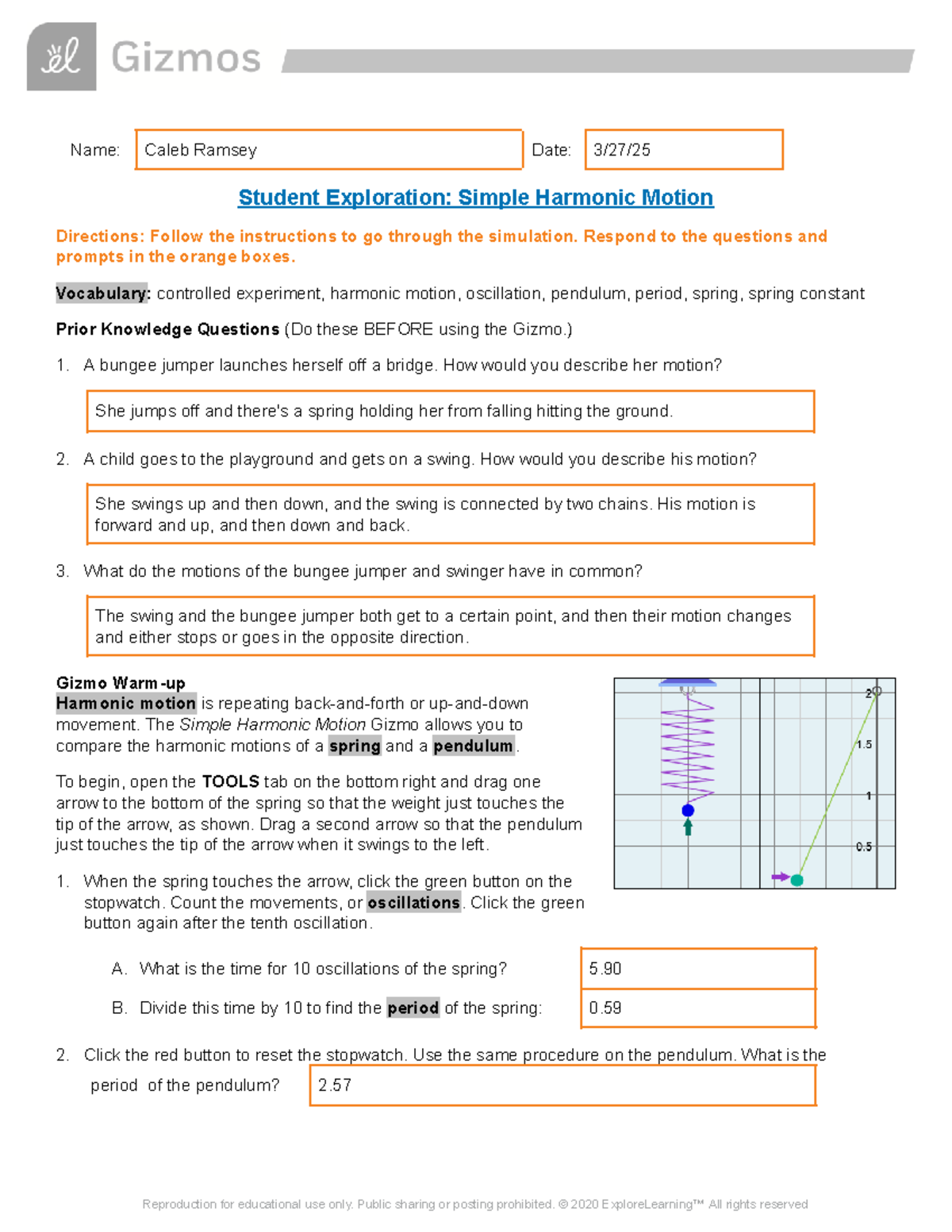 Copy of Simple Harmonic Motion Virtual Lab - Name: Caleb Ramsey Date: 3 ...
