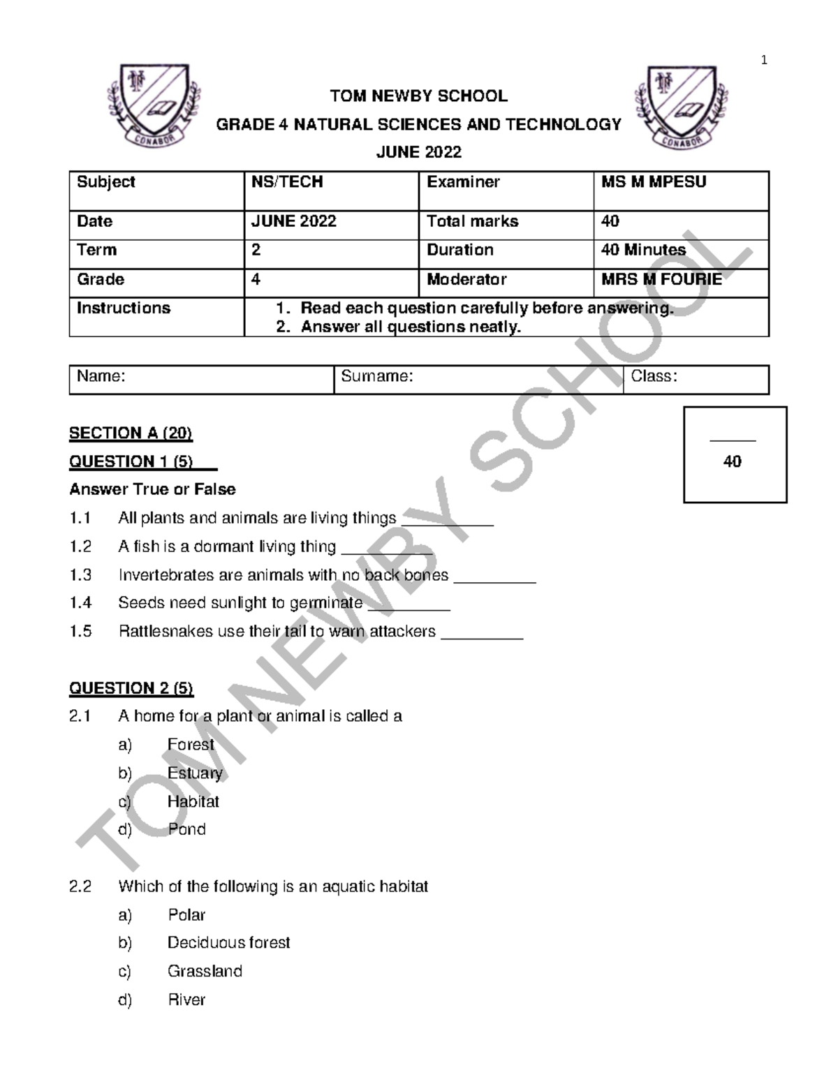 Grade 4 NS/Tech Final Exam Paper June 2022 - Studocu