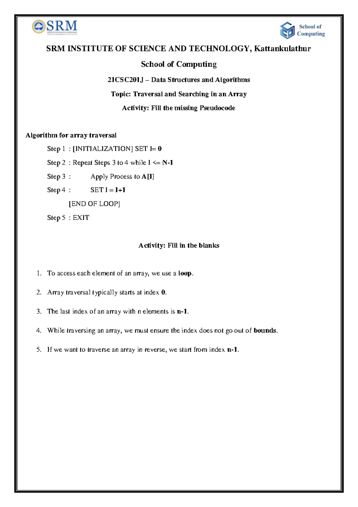 21CSC201J Data Structures & Algorithms: Array Traversal Pseudocode ...