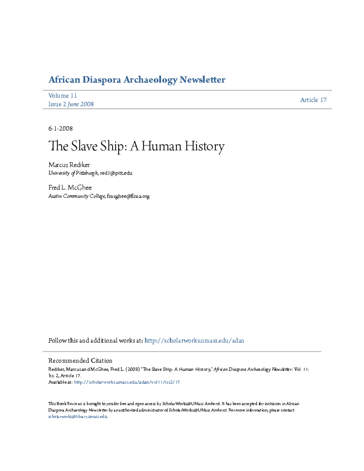 African Diaspora Archaeology Newsletter: The Slave Ship Review (Vol. 11 ...