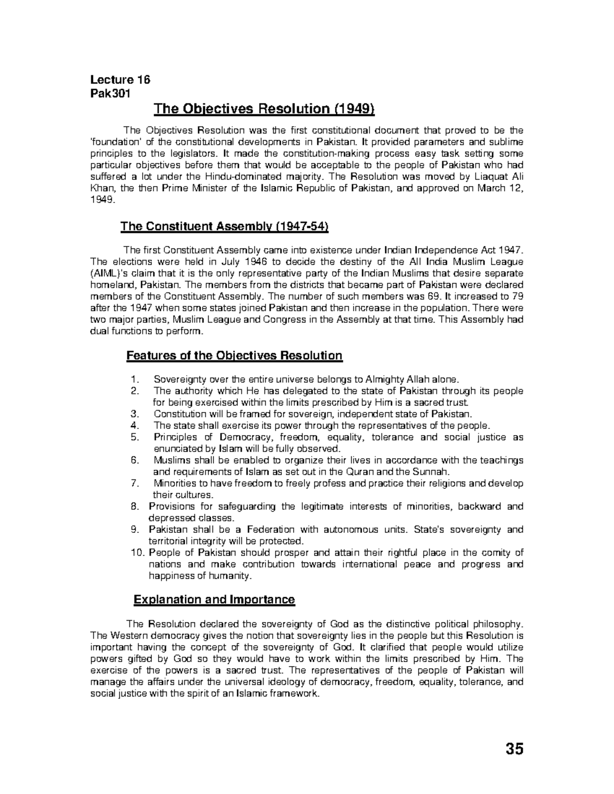 Handouts for Pak301: Lecture Notes on Objectives of Pakistan's ...