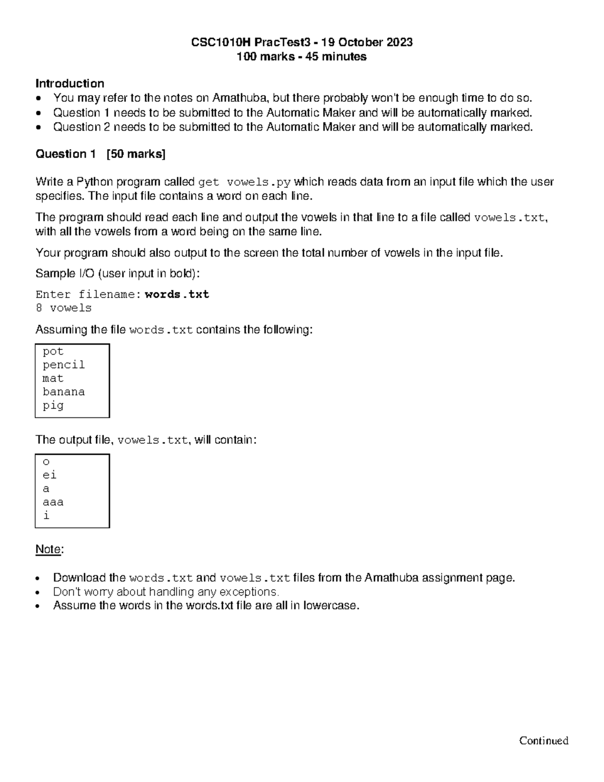 CSC1010H PracTest3: Python Vowel Extraction Program Guide - Studocu