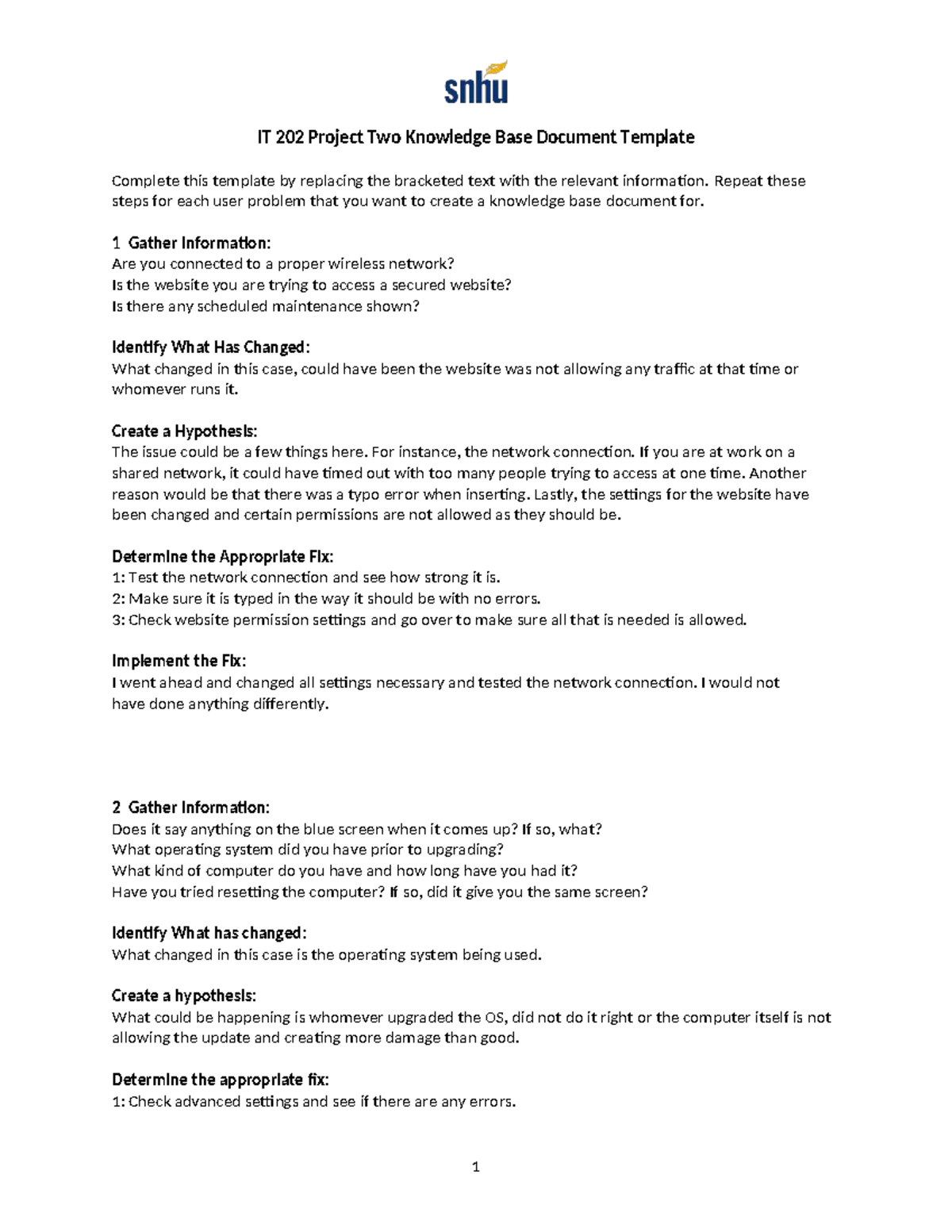 Week 2 project - IT 202 Project Two Knowledge Base Document Template ...