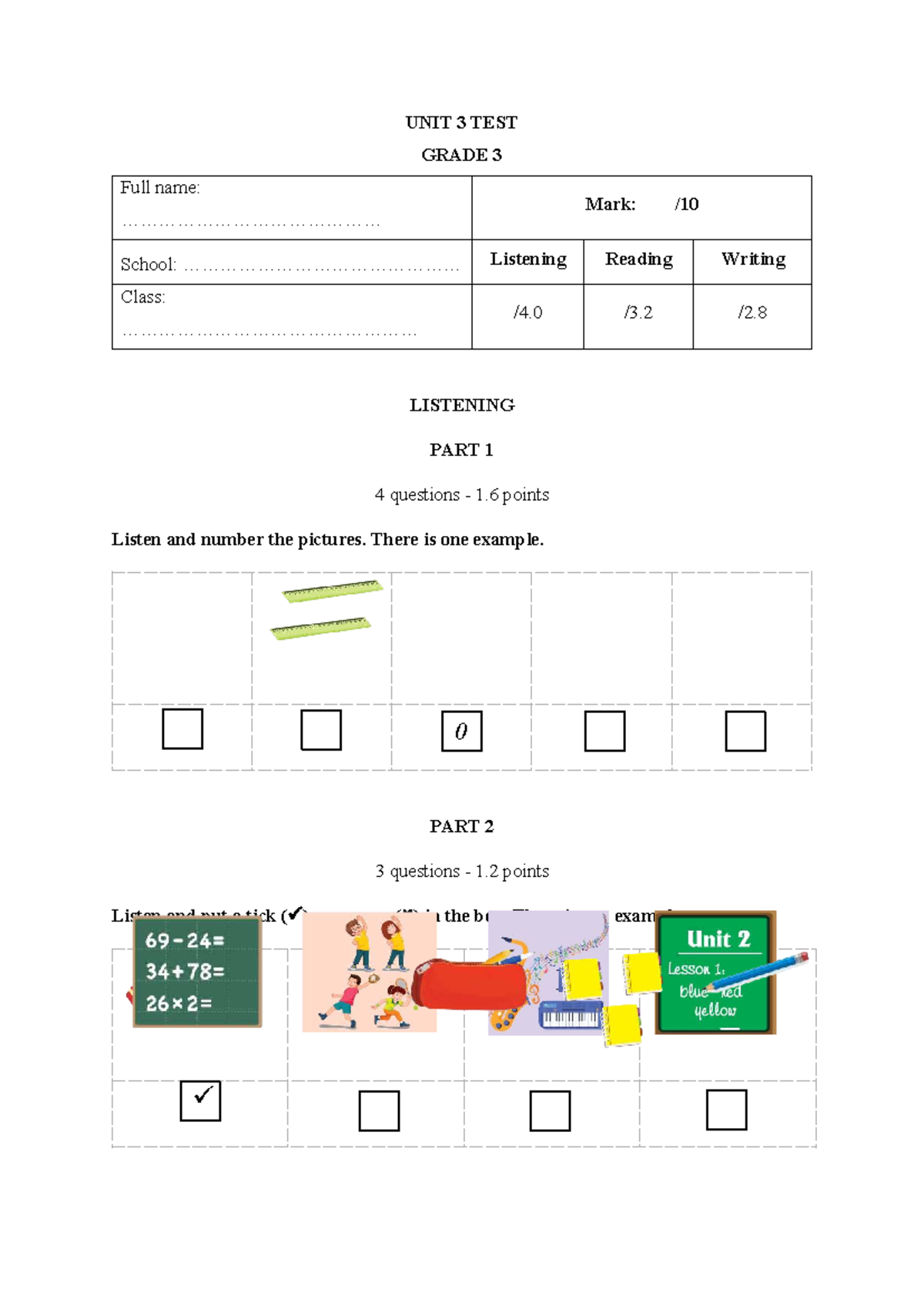 Đề KT Unit 3 Tiếng Anh 3 Smart Start - Listening, Reading, Writing Test ...