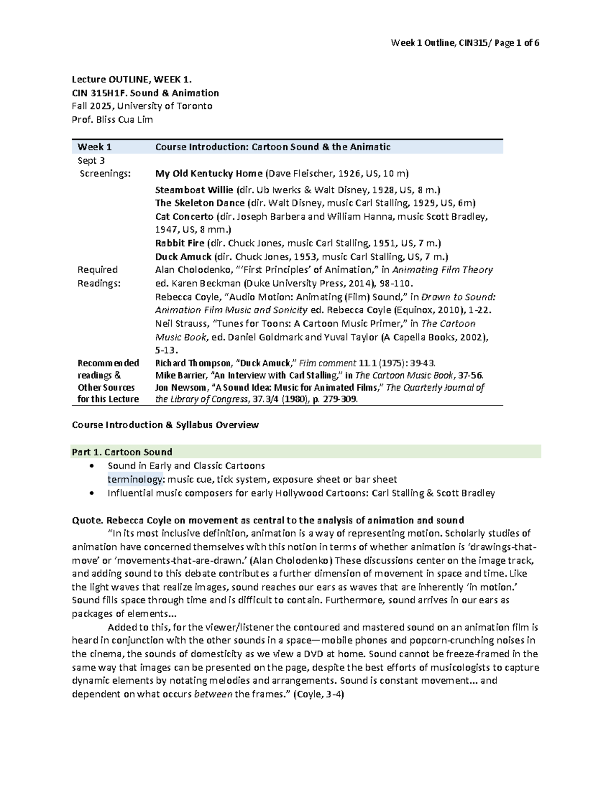 Week 1A Lecture Outline: Sound Animation (CIN 315H1F) Fall 2025 - Studocu