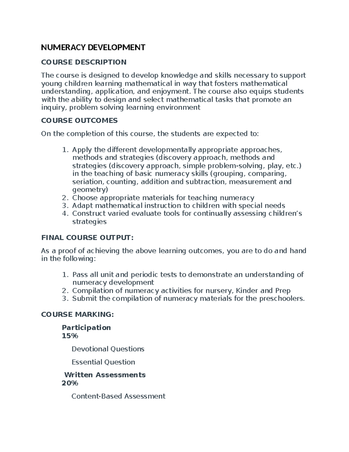 NUM 101: Numeracy Development Course Overview and Outcomes - Studocu