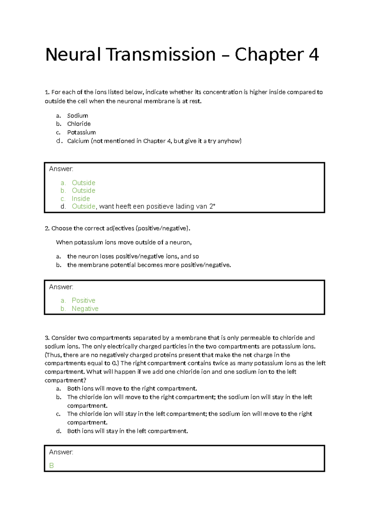 CH 4 - Neural Transmission Study Questions and Answers - Studeersnel