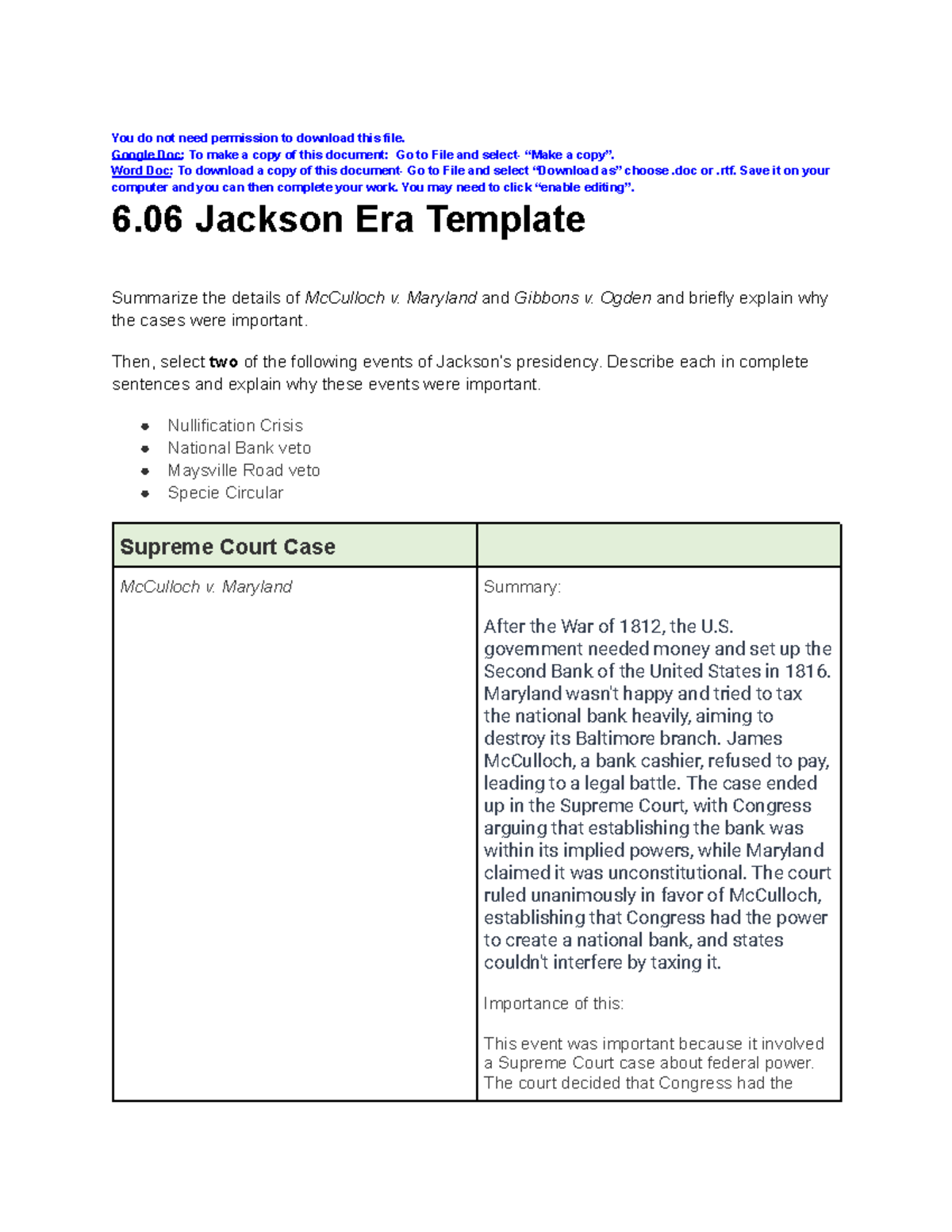 6.06 Jackson Era Template: Key Cases & Events Overview - Studocu