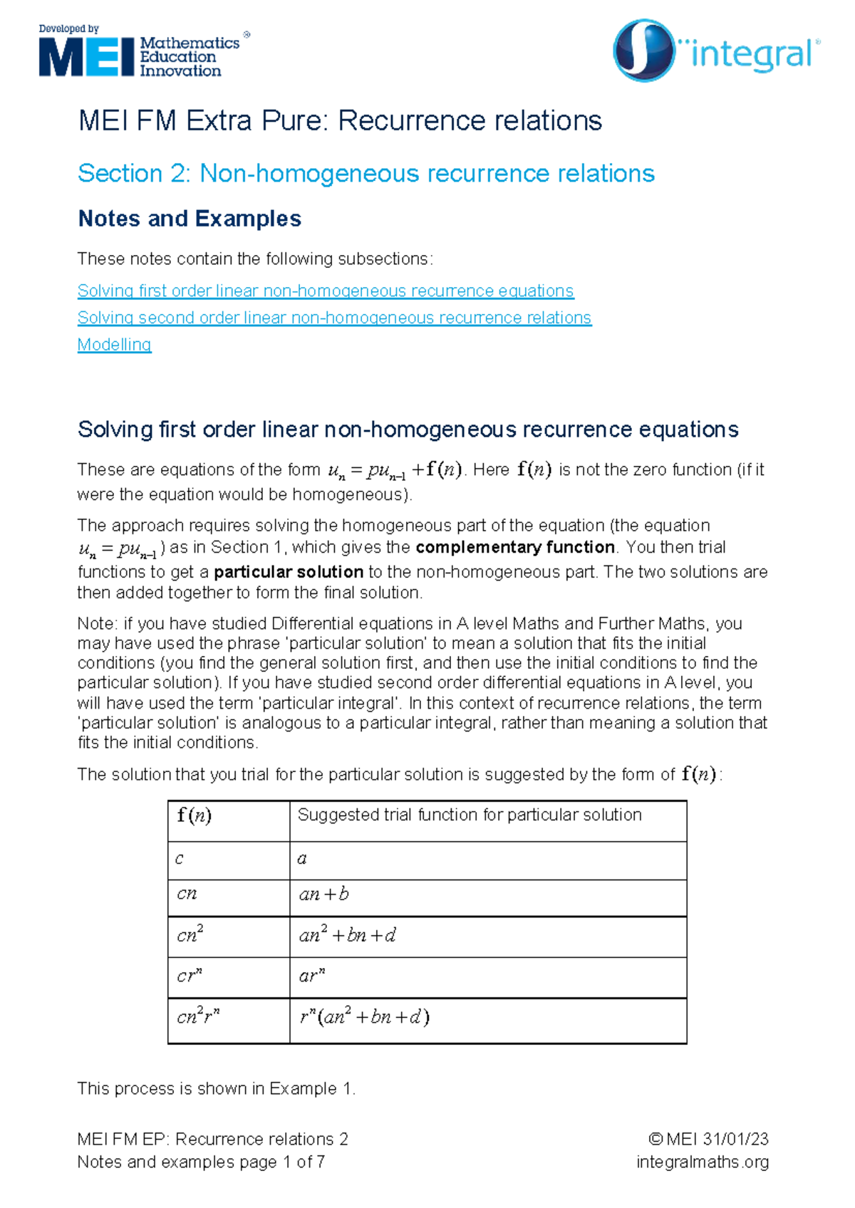 MEI FM EP: Recurrence Relations Notes & Examples (Section 2) - Studocu