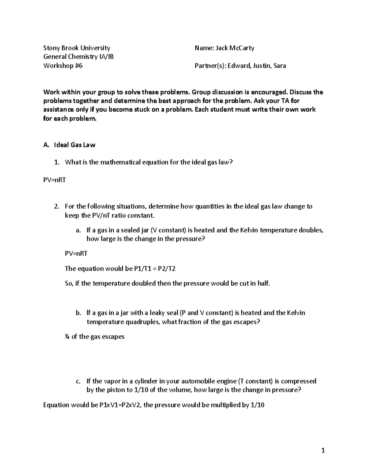Workshop 6 - Gases: Ideal Gas Law & Partial Pressure Problems - Studocu
