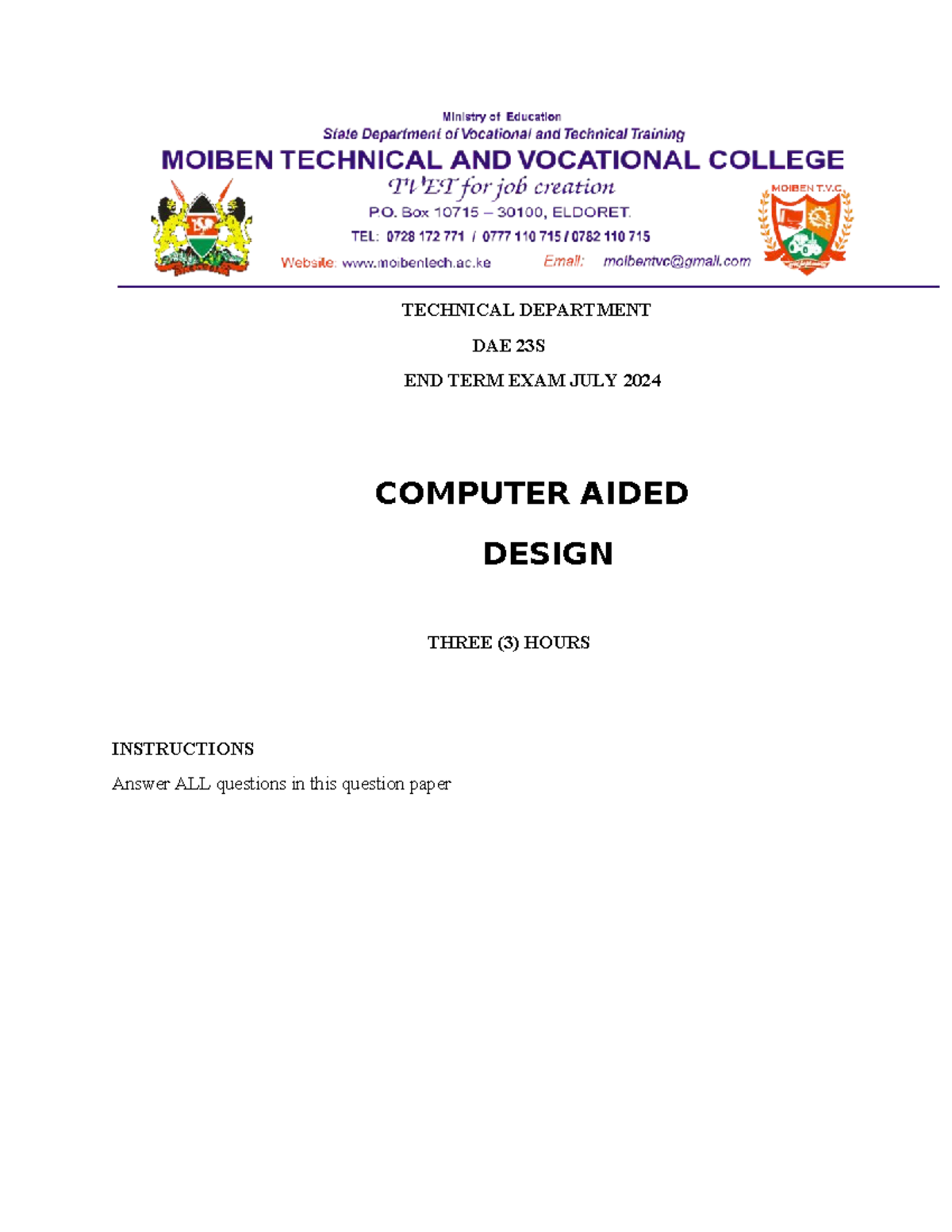 Autocad END TERM EXAM - exam - TECHNICAL DEPARTMENT DAE 23S END TERM ...