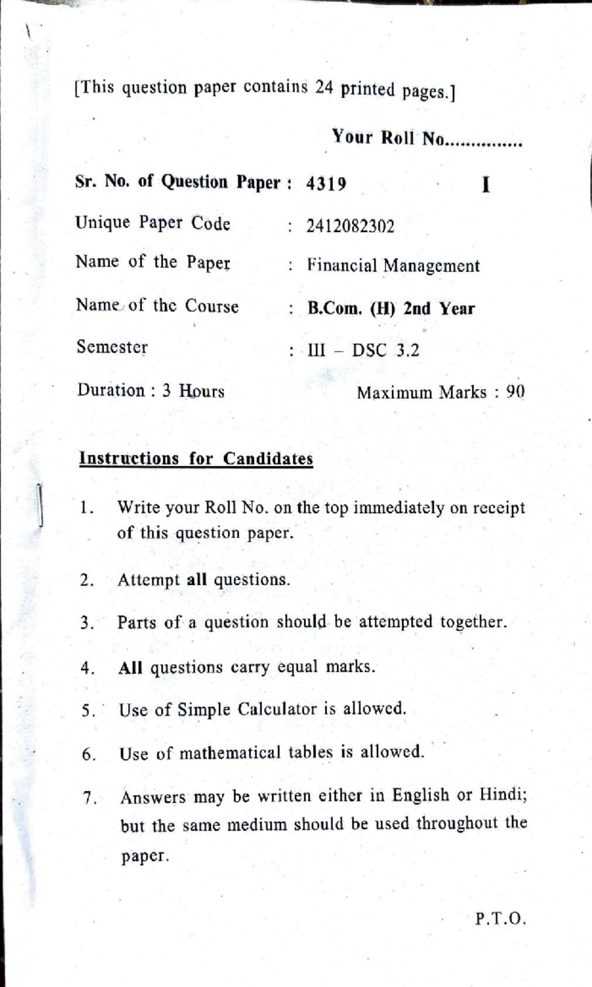 B.Com (H) 2nd Year Financial Management Question Paper - 4319 - Studocu