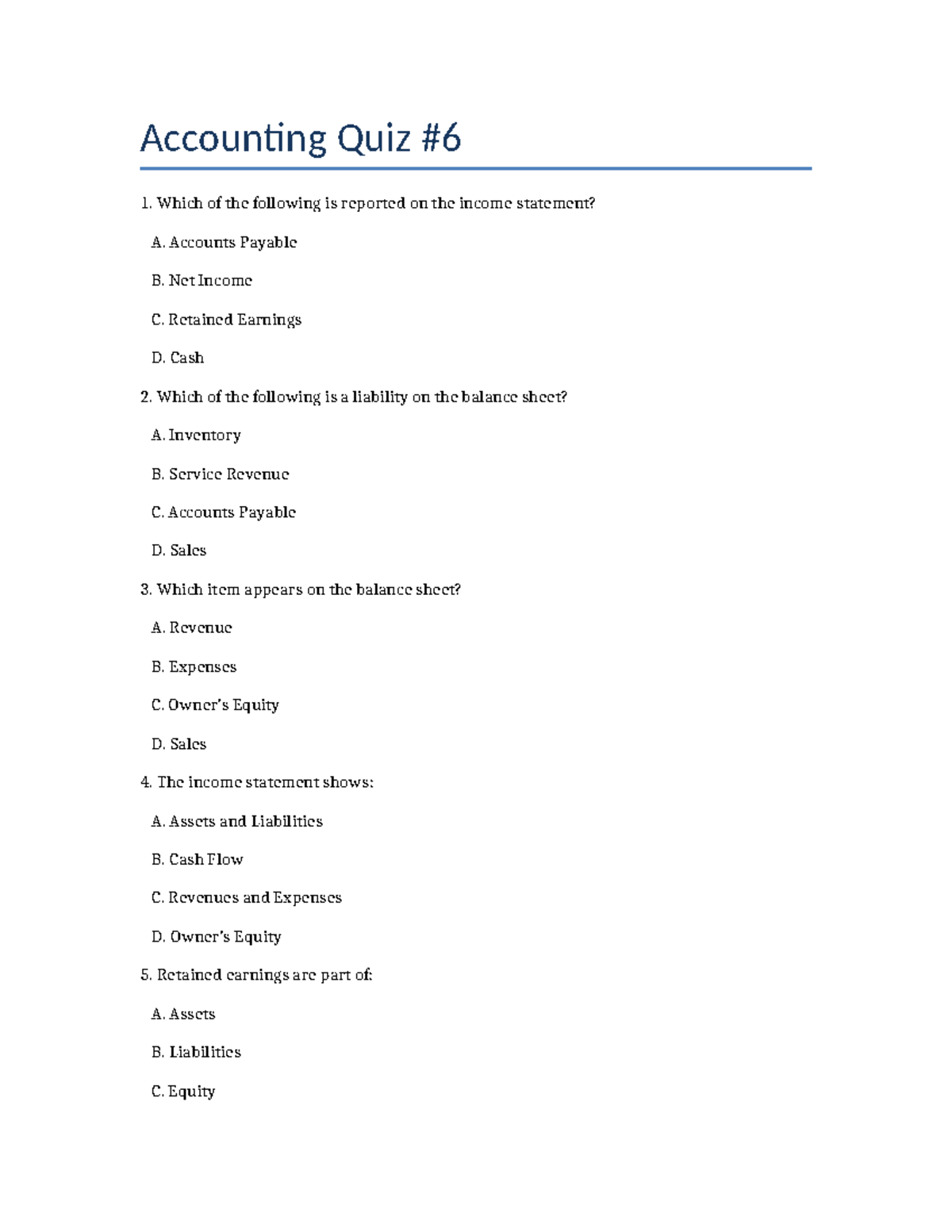 Accounting Quiz 1 - Key Concepts for Income Statement & Balance Sheet ...