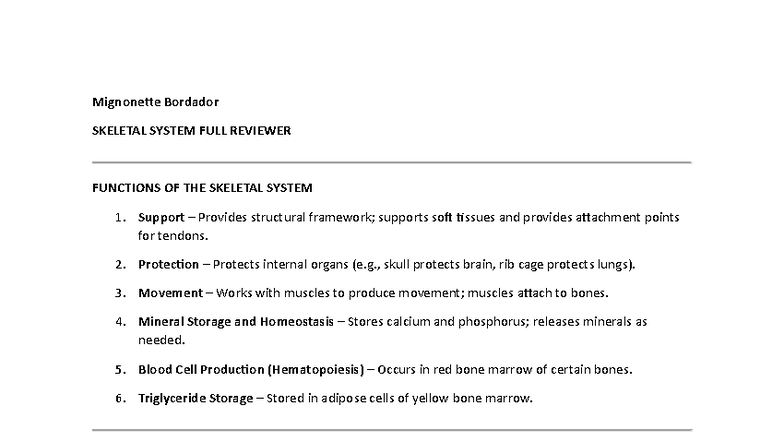 SKELETAL SYSTEM SKELETAL SYSTEM FULL REVIEWER AND FUNCTIONS - Studocu