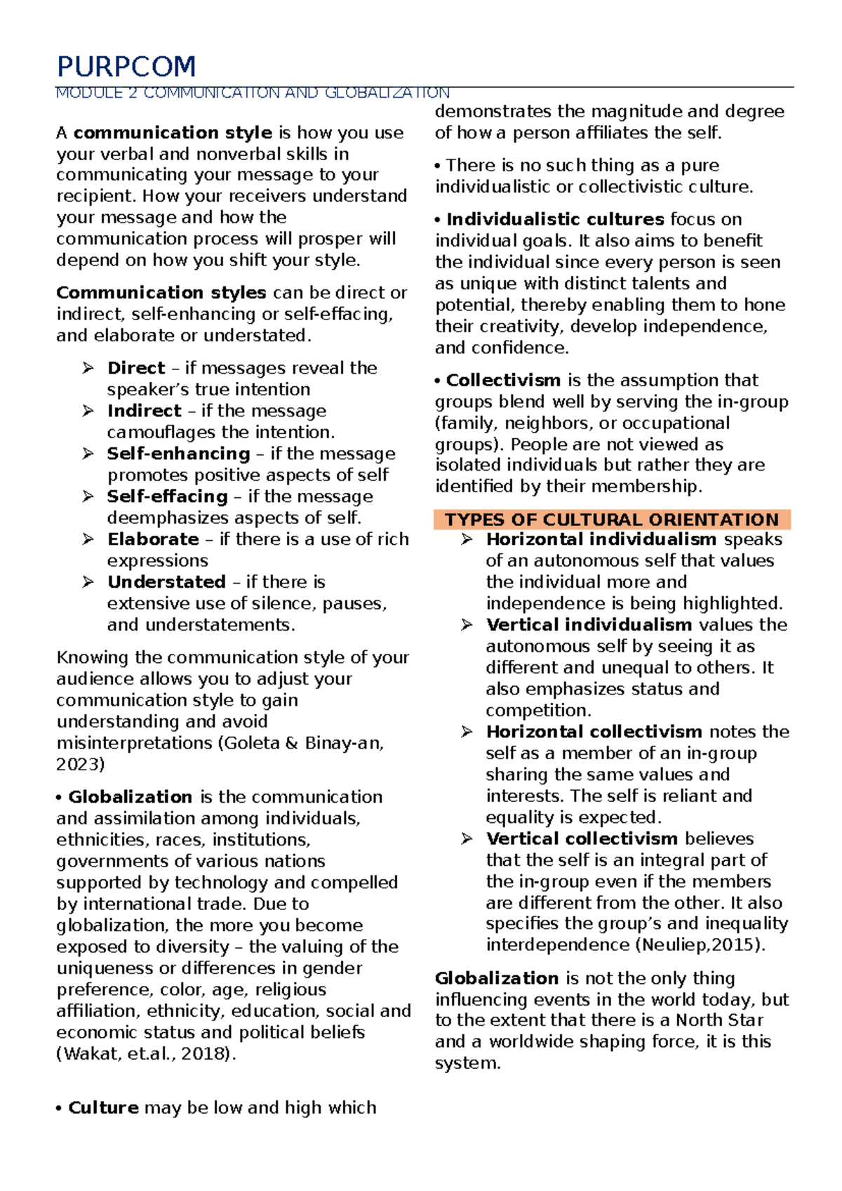 PURPCOM M2: Communication Styles & Globalization Insights - Studocu