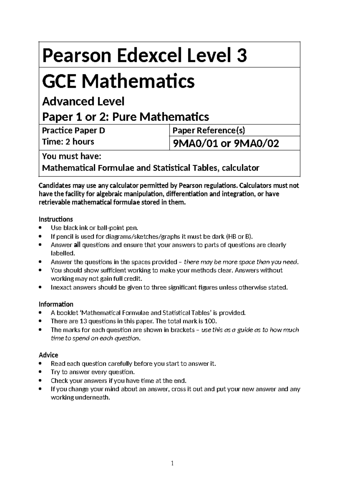 04A A Level Mathematics Practice Paper D: Pure Mathematics Exam - Studocu