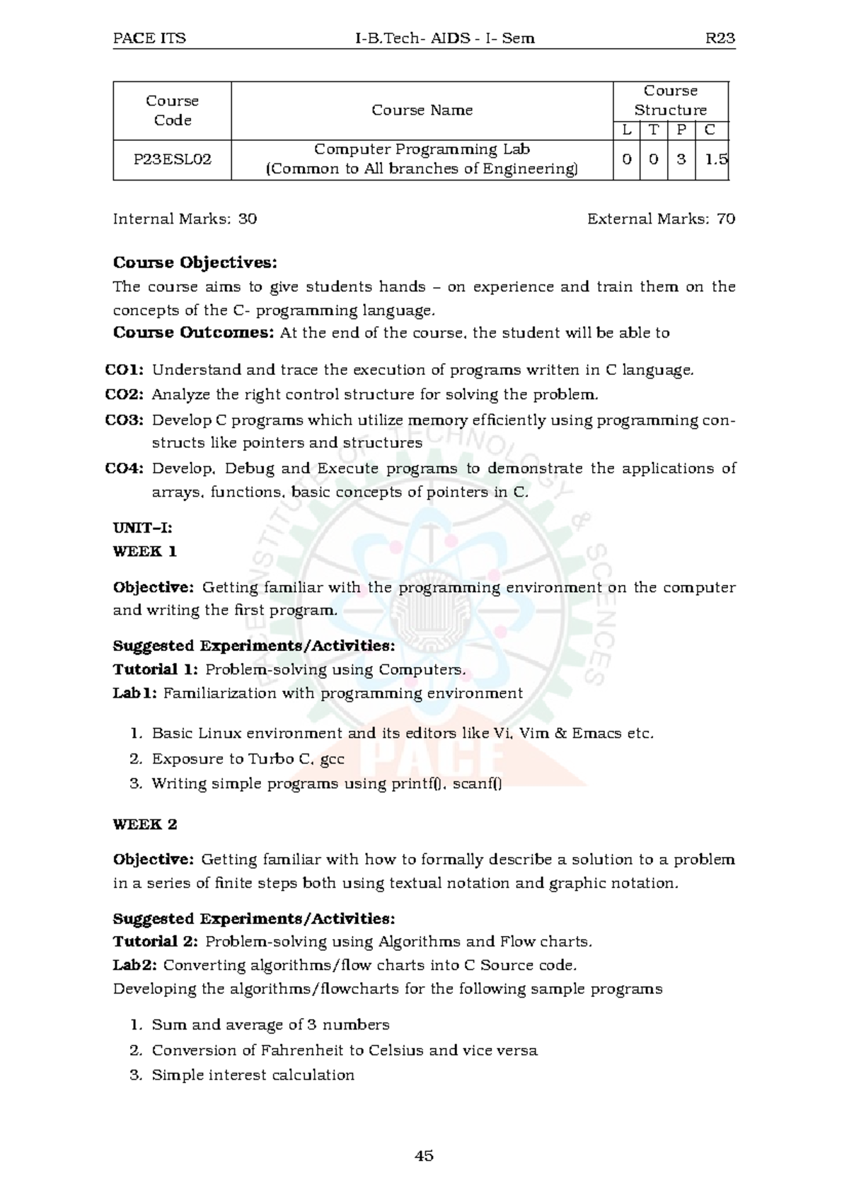 CP LAB Syllabus P23ESL02 - Computer Programming Lab Overview - Studocu