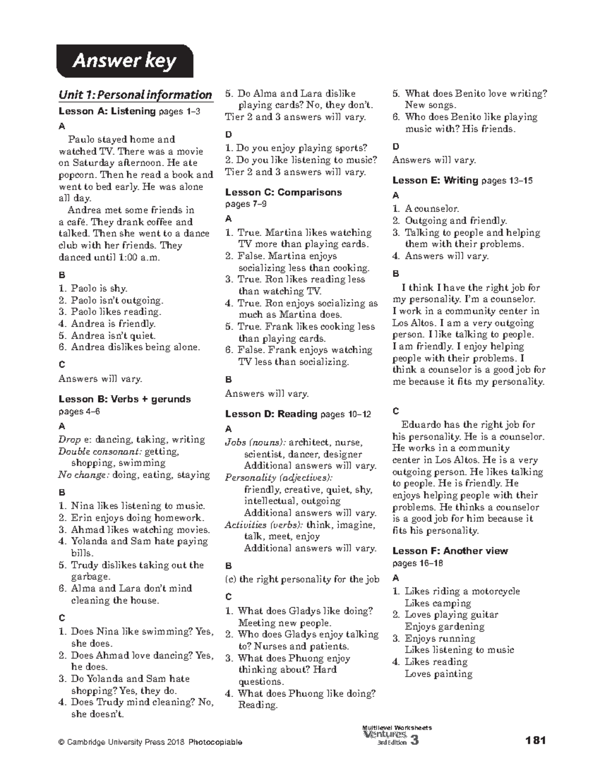 Ventures 3ed Multilevel Worksheets Level 3 - Answer Key - Studocu