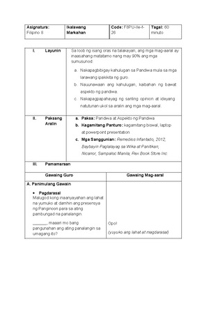 Aspekto ng Pandiwa - LESSON PLAN - MASUSING BANGHAY-ARALIN FILIPINO 8 I. Layunin a. Nabibigyang ...