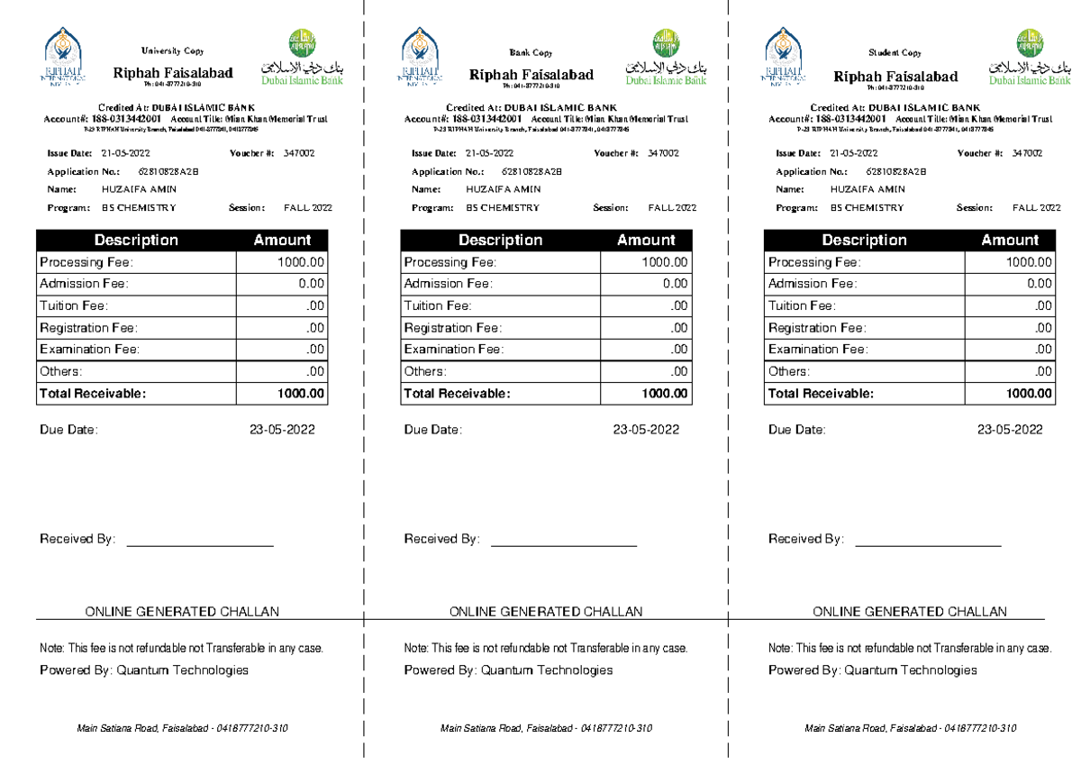 347002 - Fee Challan for BS Chemistry Program - Fall 2022 - Studocu