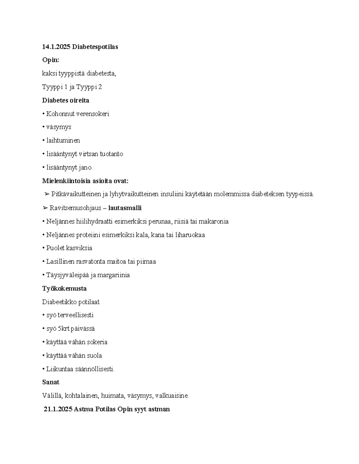 14.1.2025 Diabetes ja Astma: Potilastapaukset ja Hoitomenetelmät - Studocu
