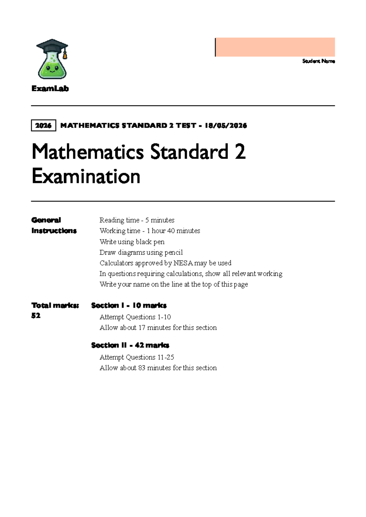 ExamLab Mathematics Standard 2 Past Paper Questions 2026 - Studocu