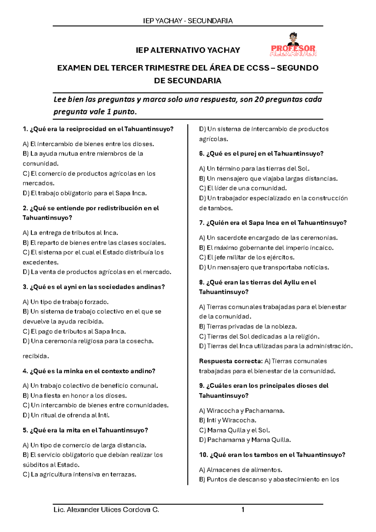 Examen Tercer Trimestre Segundo DE Secundaria CCSS - IEP YACHAY ...