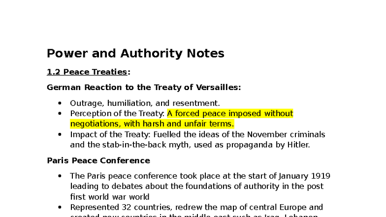 Power and Authority Notes 1.2: German Reaction to the Treaty of ...