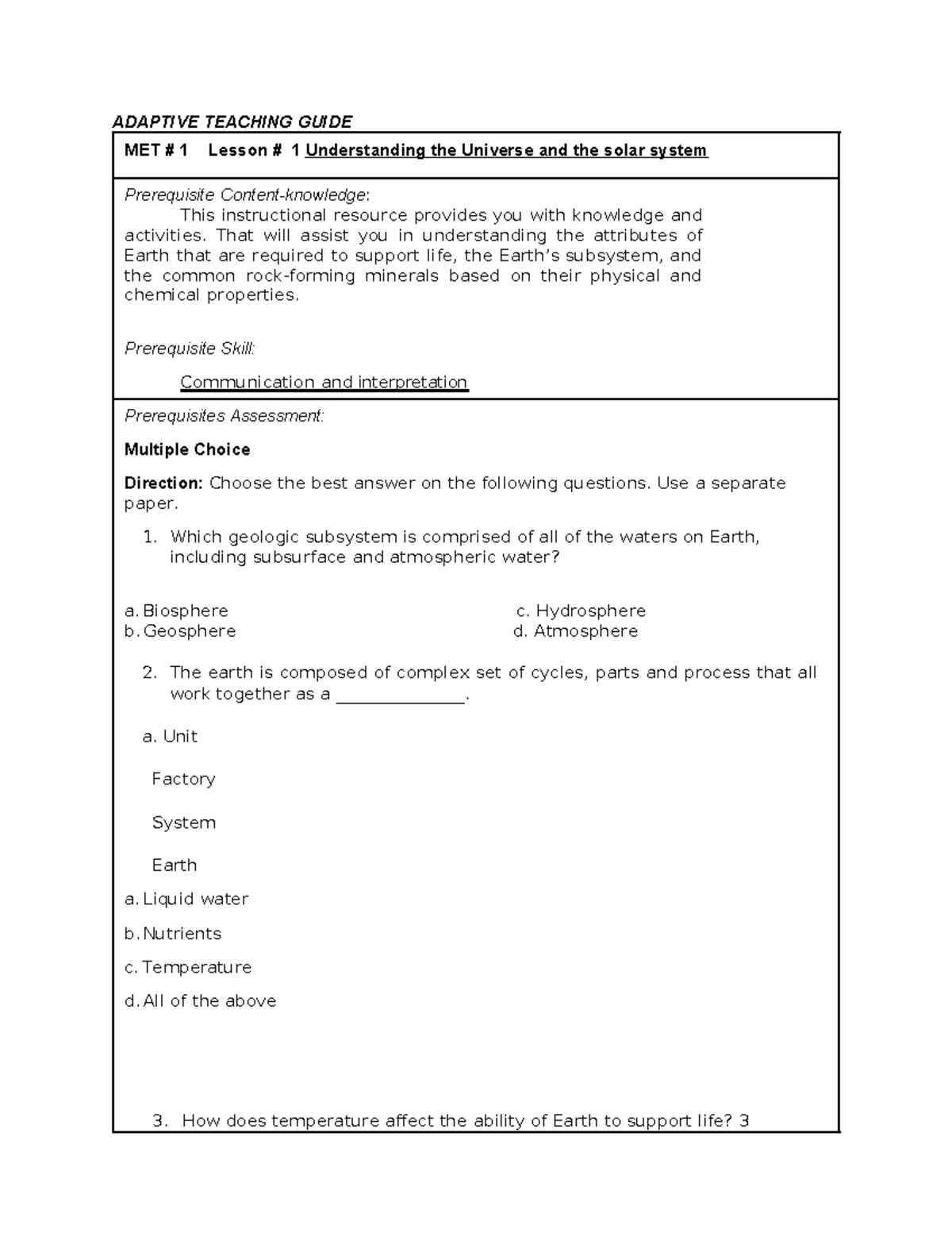 Sample-ATG - Lesson Planning on Earth and Solar System Insights - Studocu