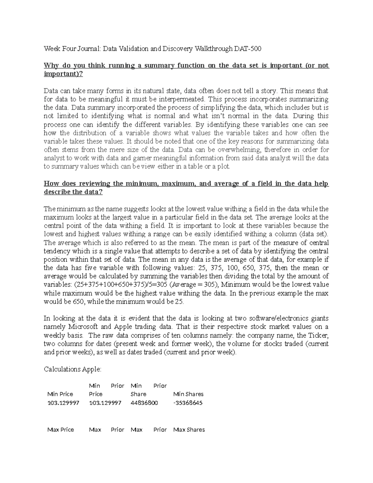 Week 4 Journal - Data Validation & Summary in DATA ANALYSIS - Studocu