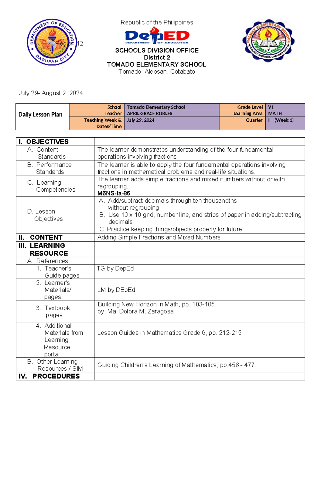 W1-D1-5 Daily Lesson Plan for Grade VI Math - Studocu